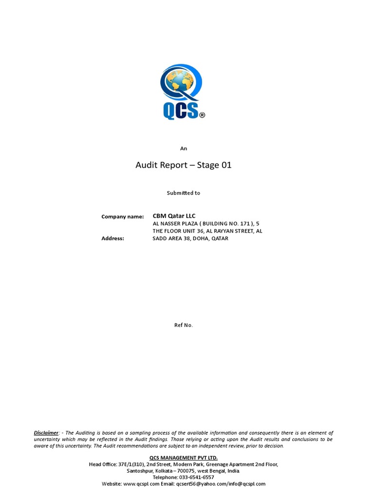 ISO 9001:2015 Stage 1 Audit Report | PDF | Audit | Auditor's Report