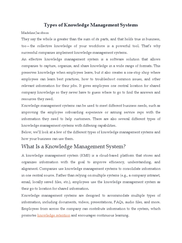 Types of Knowledge Management Systems | PDF | Knowledge Management ...