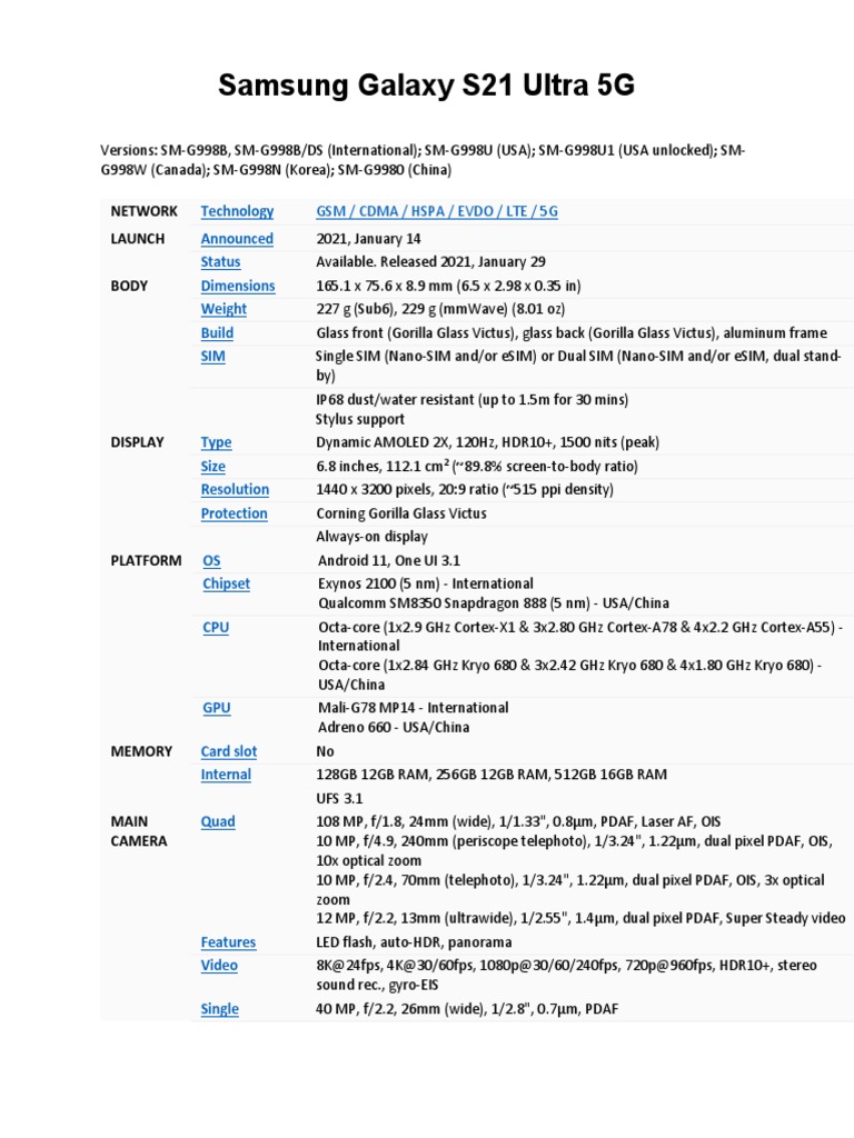 Samsung Galaxy S21 Ultra 5G: Network Launch Body | PDF | Autofocus ...