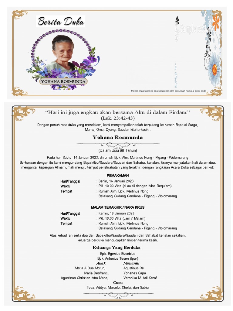 Berita Duka Yohana Rosmunda | PDF