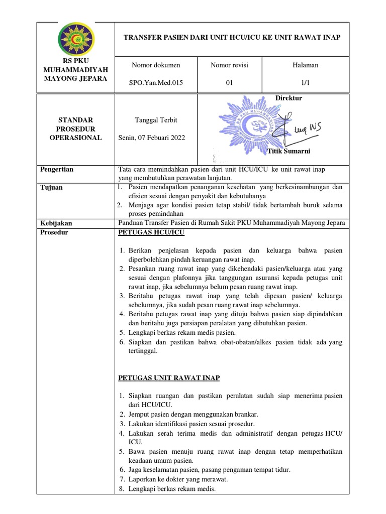 D. SPO TRANFER PASIEN DARI UNIT HCUICU KE UNIT RAWAT INAP PDF | PDF ...
