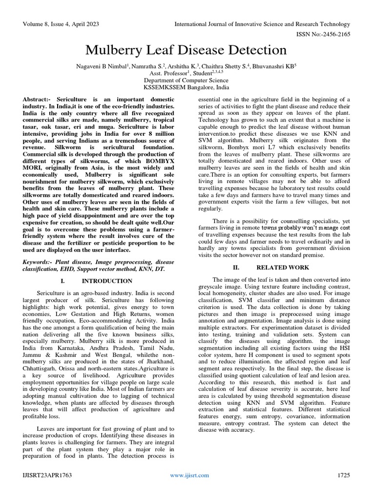 Mulberry Leaf Disease Detection Pdf Support Vector Machine Sensitivity And Specificity