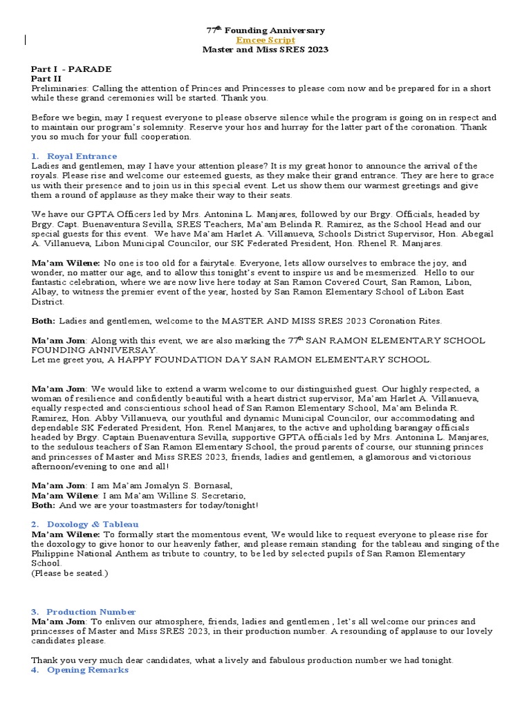 Emcee Script MASTER AND MISS SRES 2023 | PDF