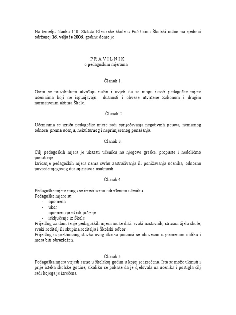 Pravilnik o Pedagoskim Mjerama | PDF