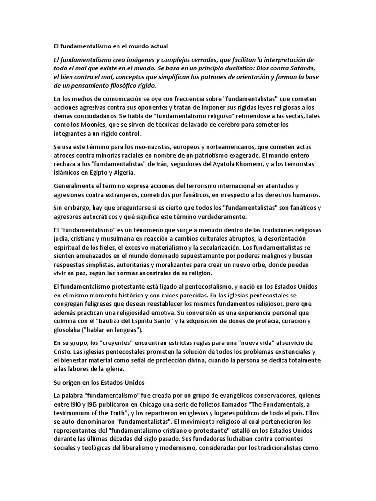 El Fundamentalismo en El Mundo Actual | PDF | Fundamentalismo ...