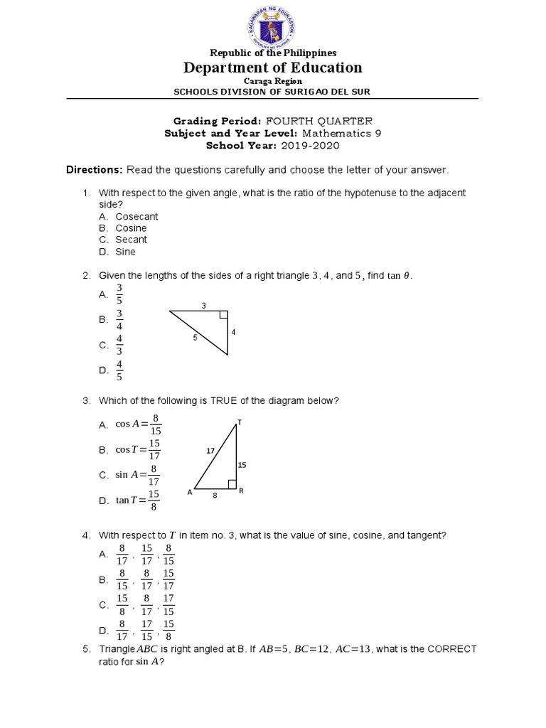 Grade 9 Mathematics TQ Q4 | Download Free PDF | Trigonometric Functions ...