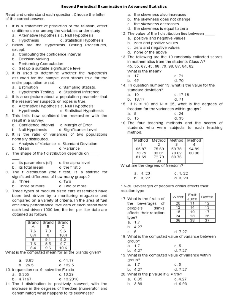 Second Periodical Examination in Advanced Statistics | PDF | Statistics | Statistical Hypothesis ...