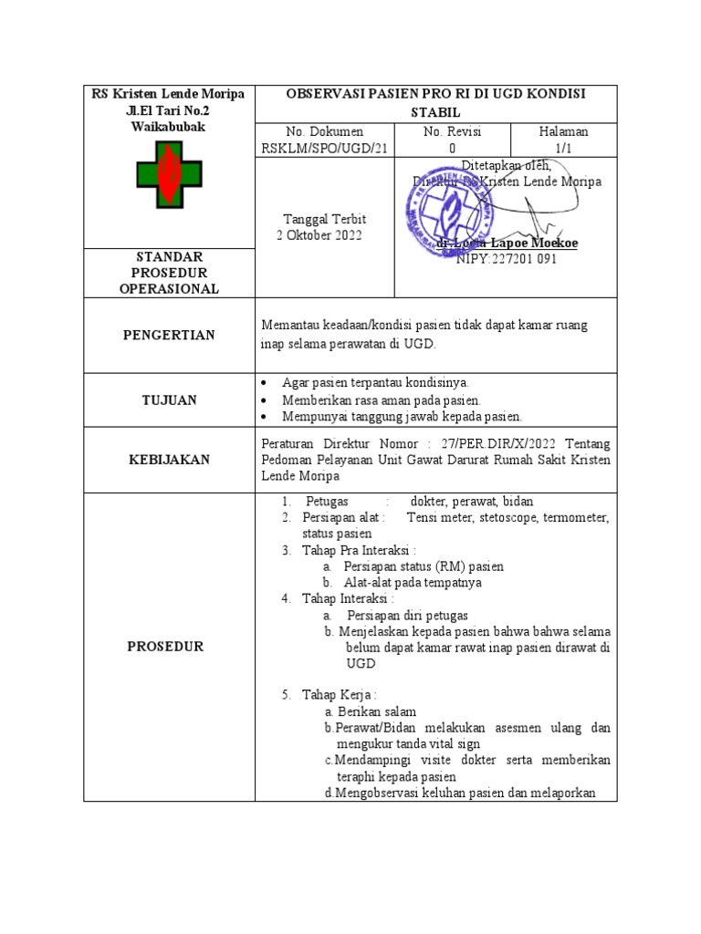 Spo 21 Observasi Pasien Pro Ri Di Ugd Kondisi Stabil | PDF