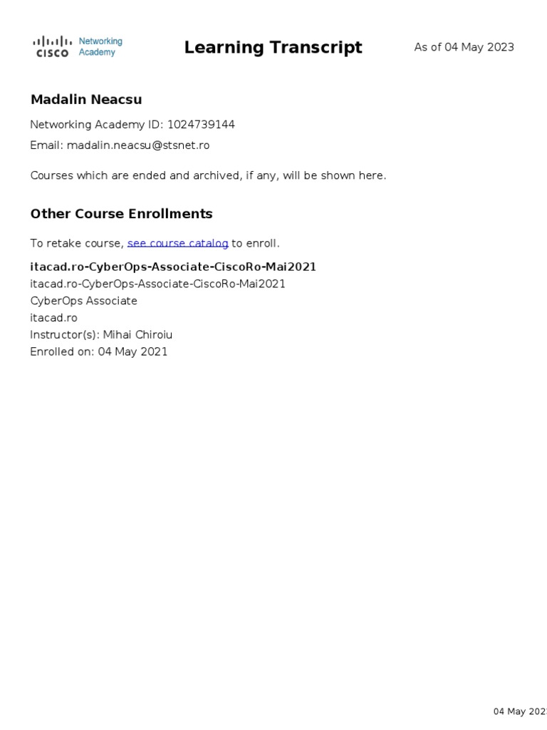 NetAcad Learning Transcript PDF | PDF