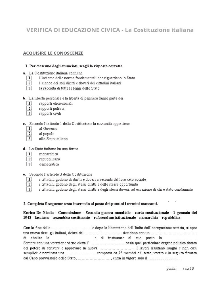 VERIFICA - La Costituzione | PDF