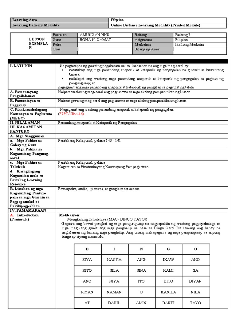 LESSON-EXEMPLAR-FILIPINO - Rona | PDF