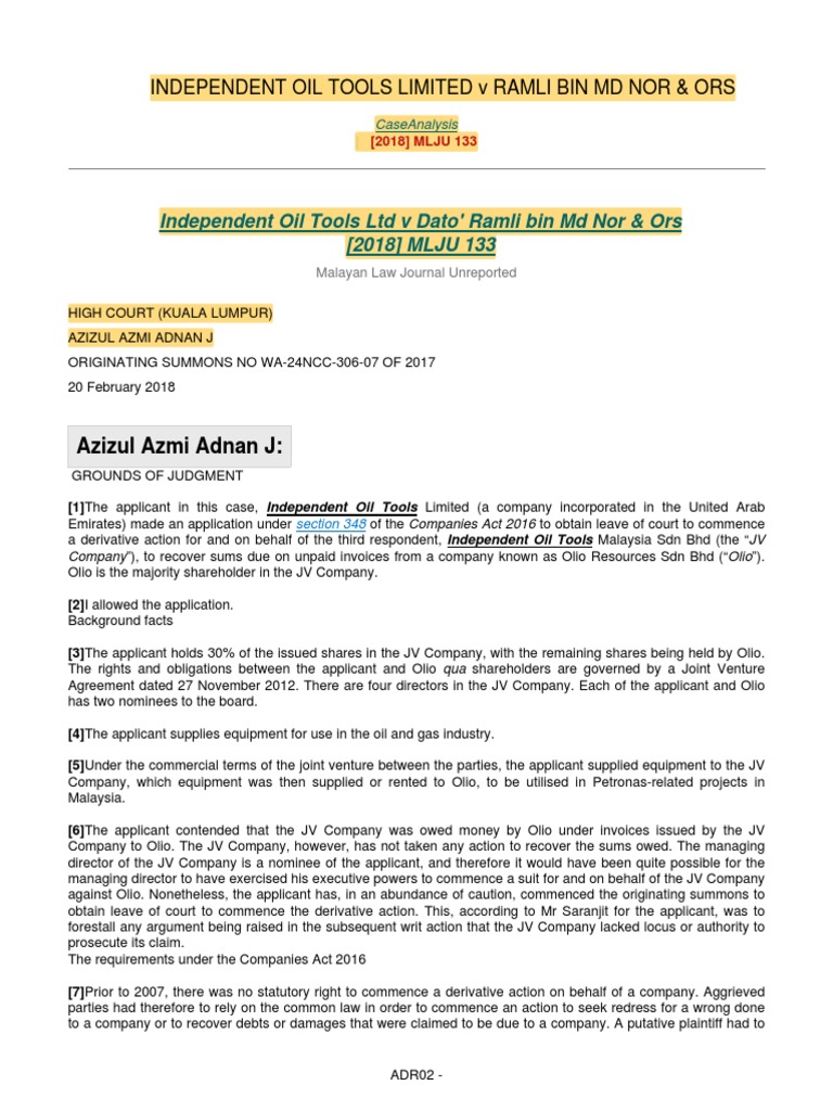 TAB 9 - Independent Oil Tools LTD V Dato' Ramli Bin MD Nor & or | PDF ...
