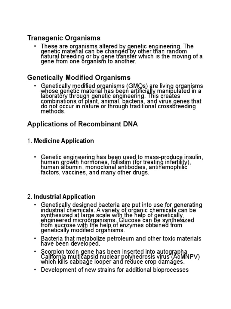 Application of Recombinant DNA | PDF | Genetic Engineering | Genetically Modified Organism