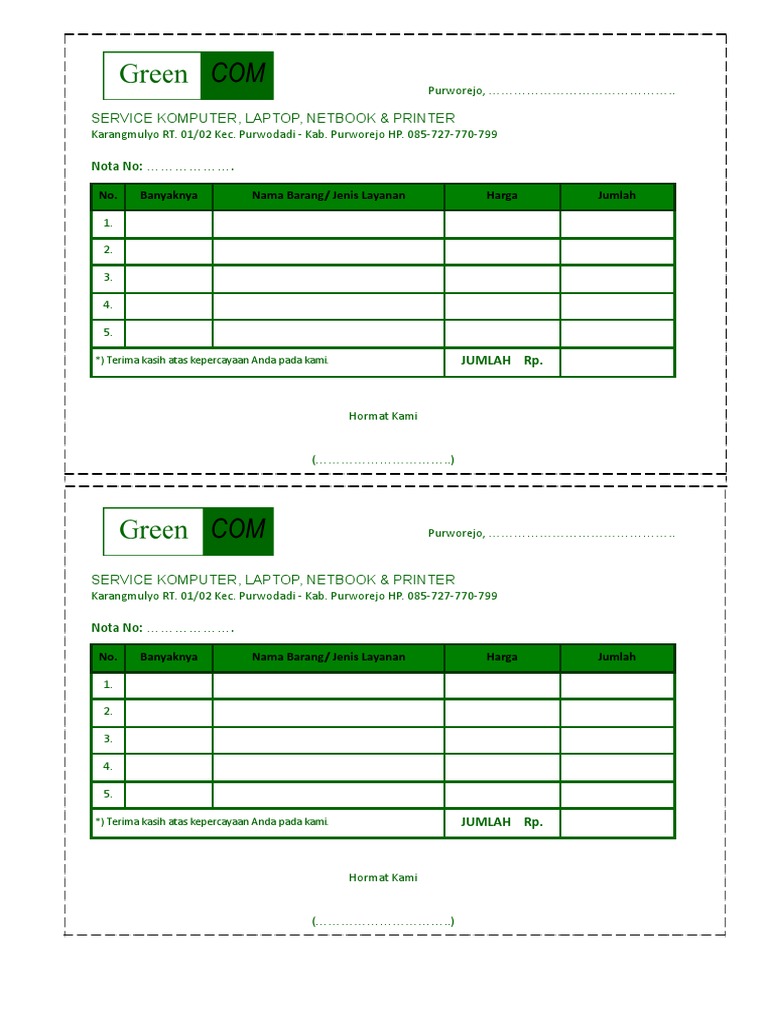 Template Nota Microsoft Word - Green Purworejo | PDF