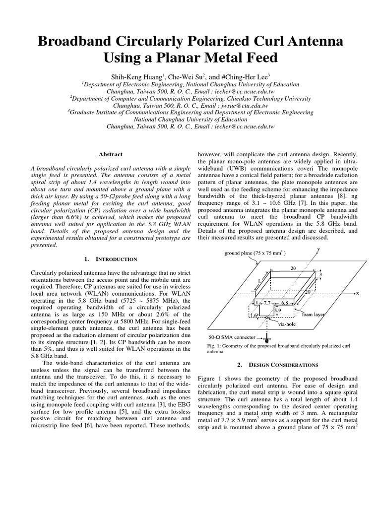 Broadband Circularly Polarized Curl Antenna Using A Planar Metal Feed ... Broadband Circularly Polarized Curl Antenna Using A Planar Metal Feed ...