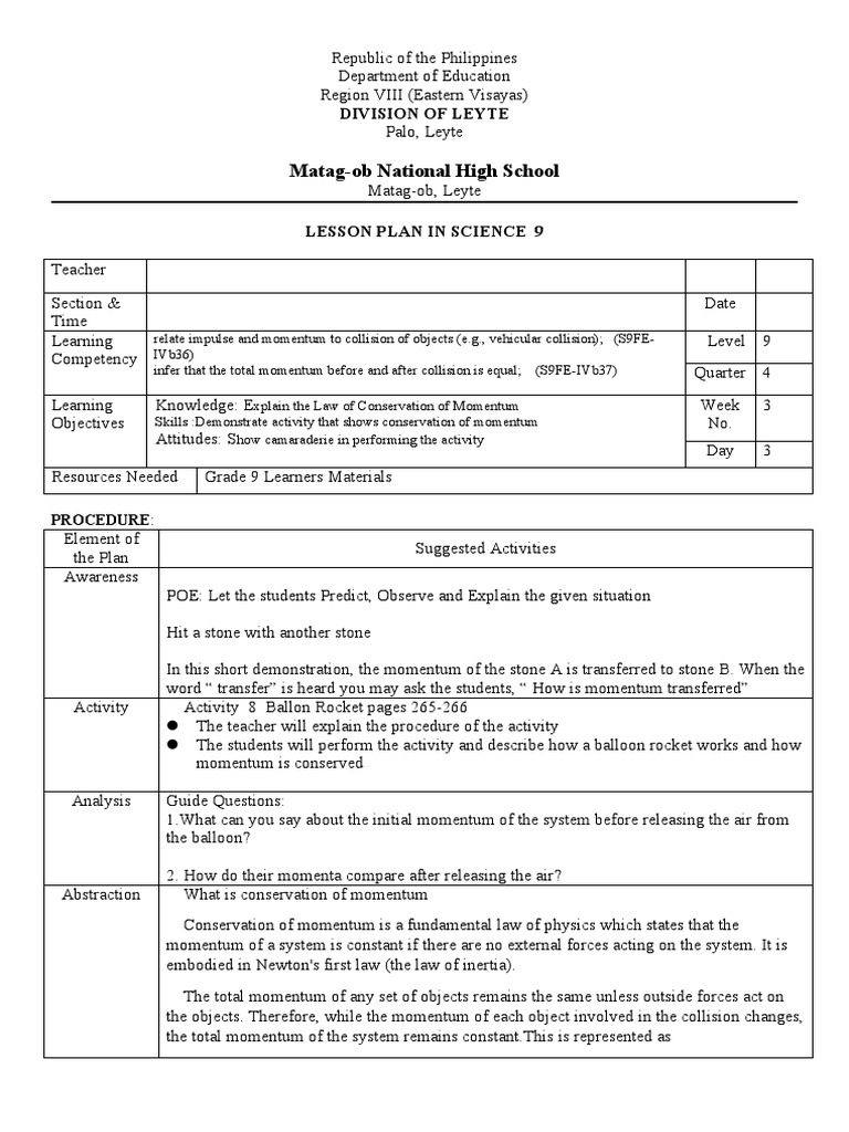 Science 9 DLP Q4W3D3 | PDF | Momentum | Collision