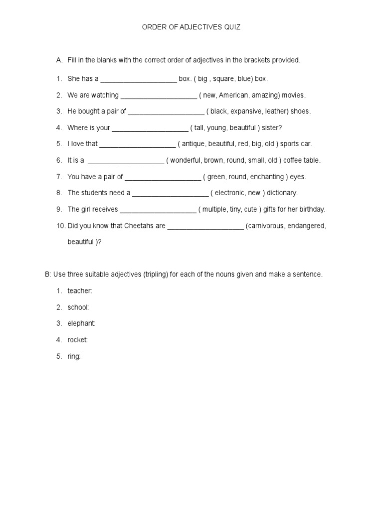 Order of Adjectives Quiz PDF | PDF