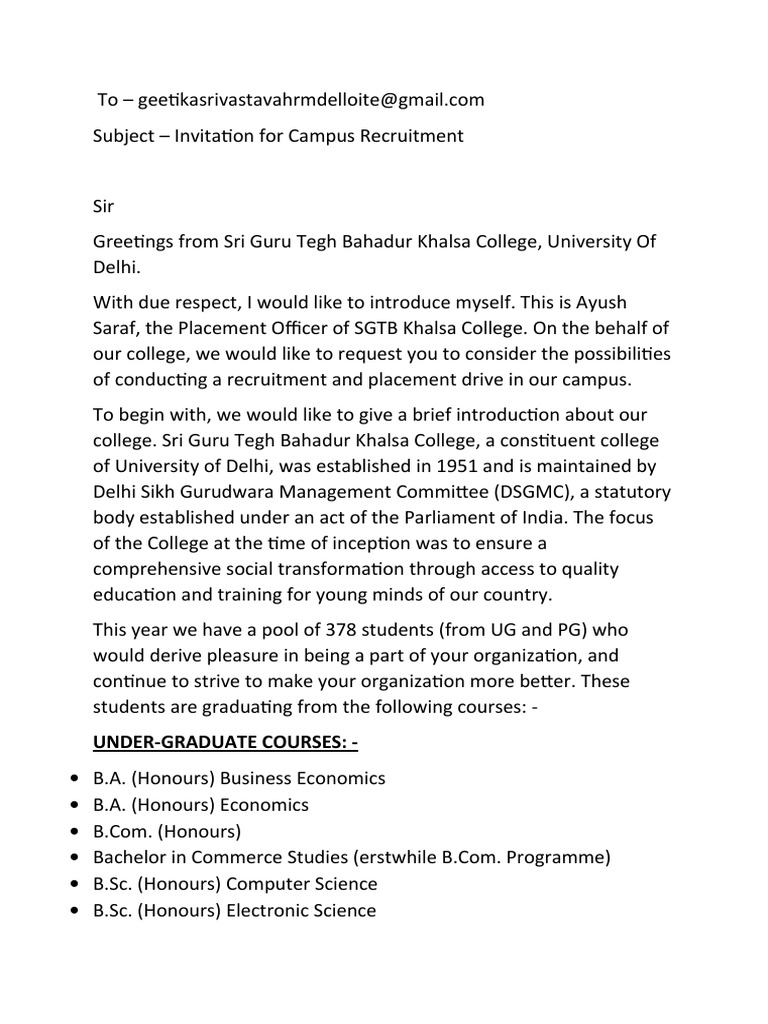 Invitation to Conduct a Campus Recruitment Drive at Sri Guru Tegh ...