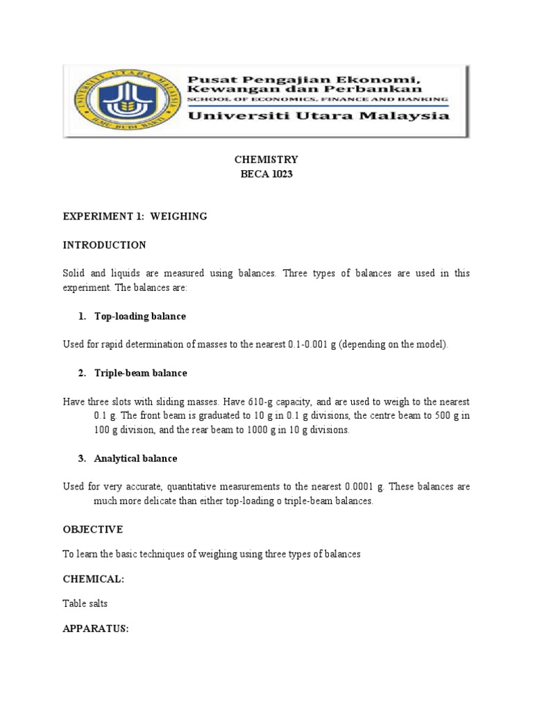 Experiment 1 - Weighing | PDF | Weighing Scale | Weight