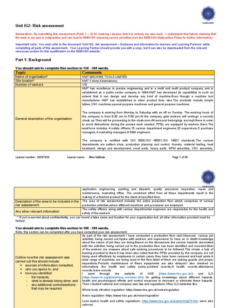 A Comprehensive Risk Assessment of the Production Floor at HMT Machine ...