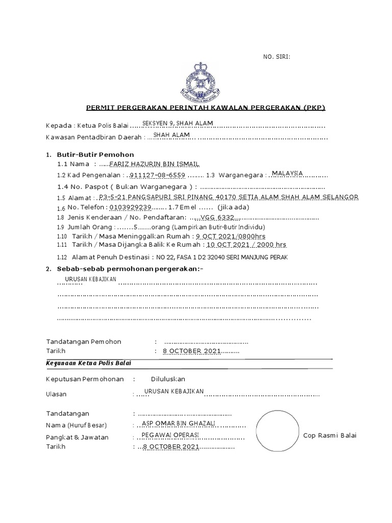 Borang Permit Pergerakan PKP Edit (DATO) - Ditukar | PDF