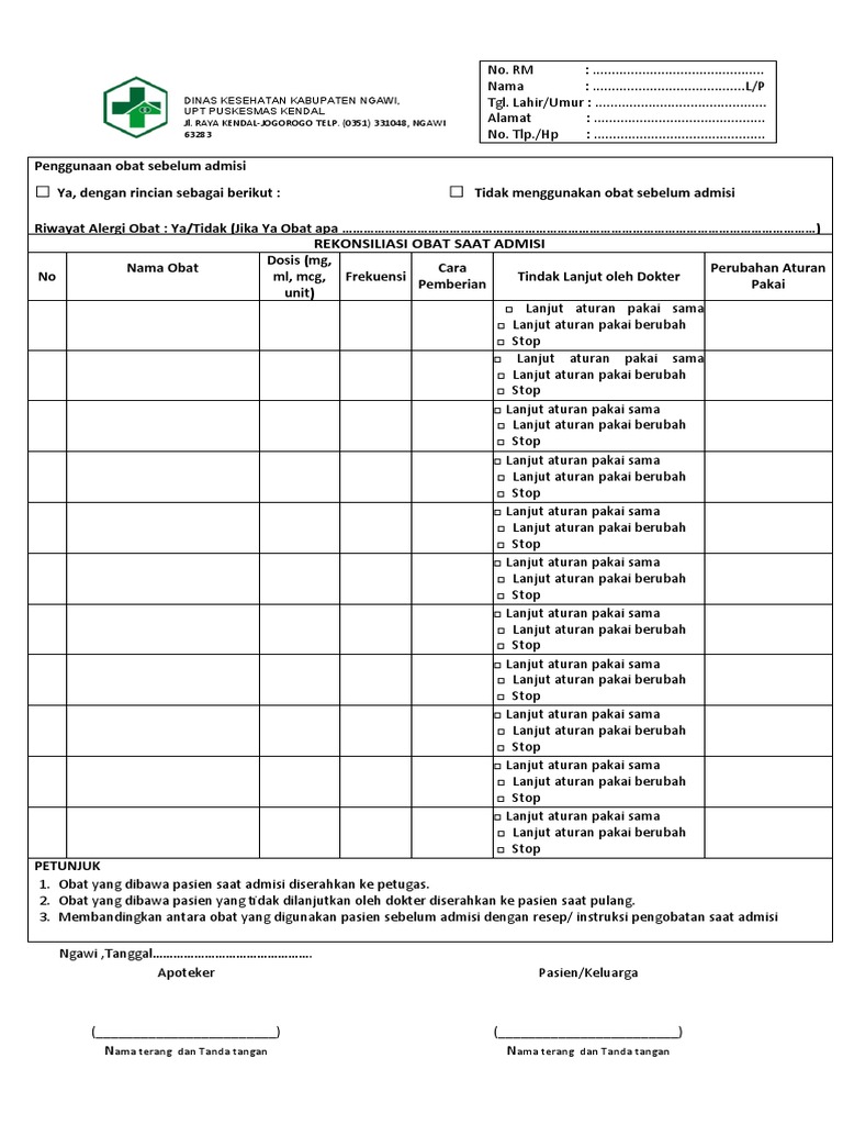 Form Rekonsiliasi Obat Puskesmas | PDF