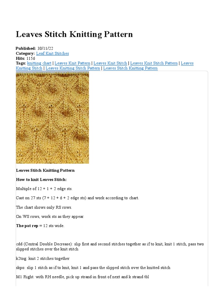 Free Knitting Patterns - Leaves Stitch Knitting Pattern | PDF ...