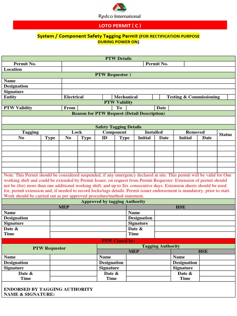 PTW LOTO Permit to Work (C) Details (2) | PDF | Safety
