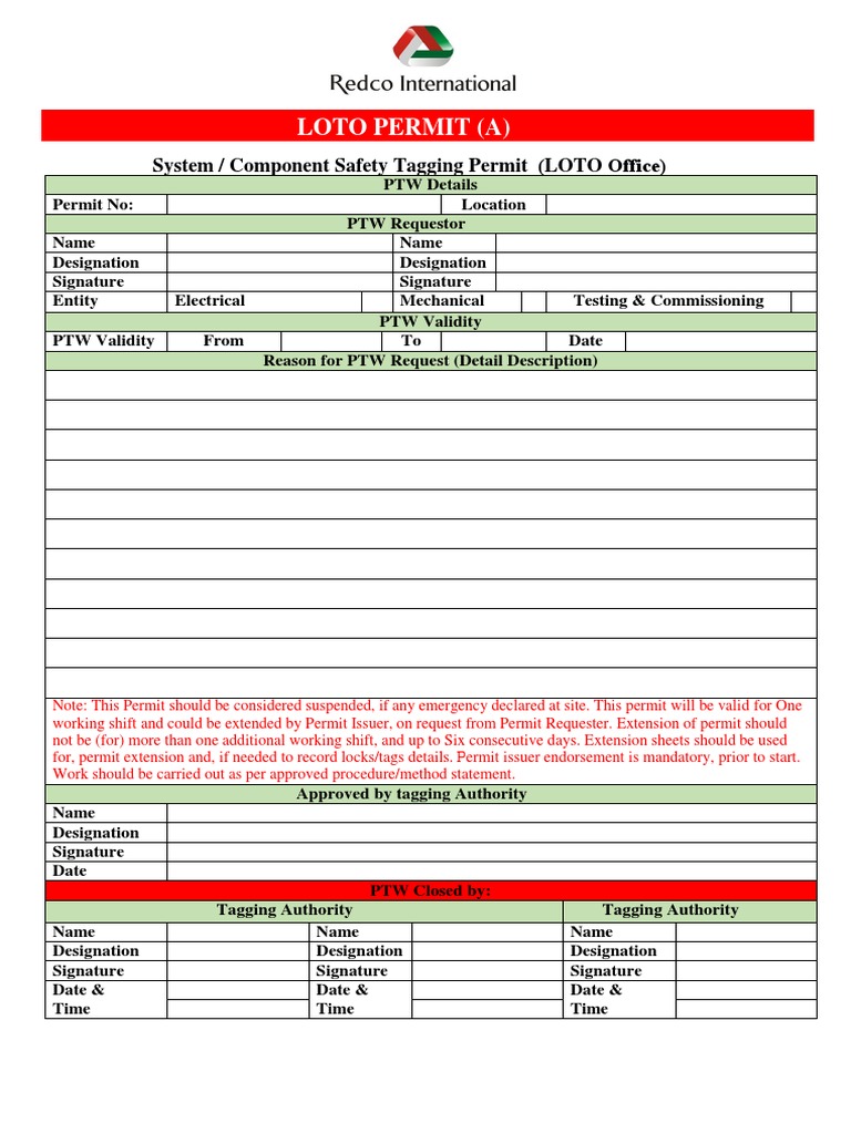 PTW LOTO Permit To Work (A) Details | PDF | Safety | Business