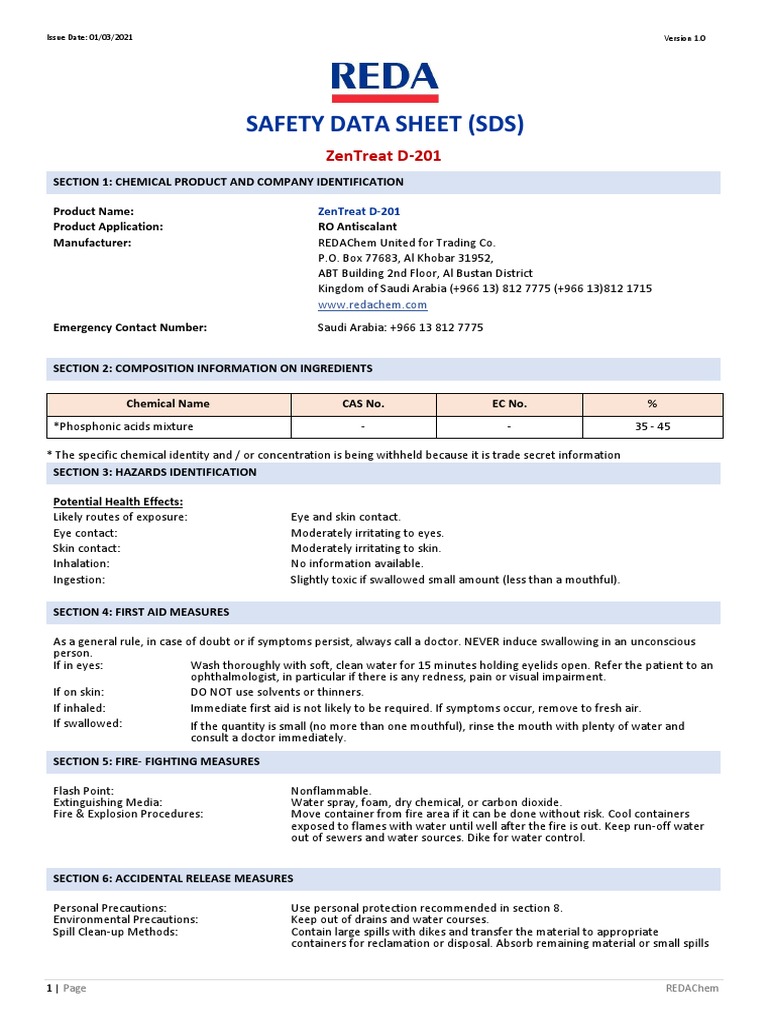 ZenTreat D 201 (SDS) | PDF | Carbon Dioxide | Water