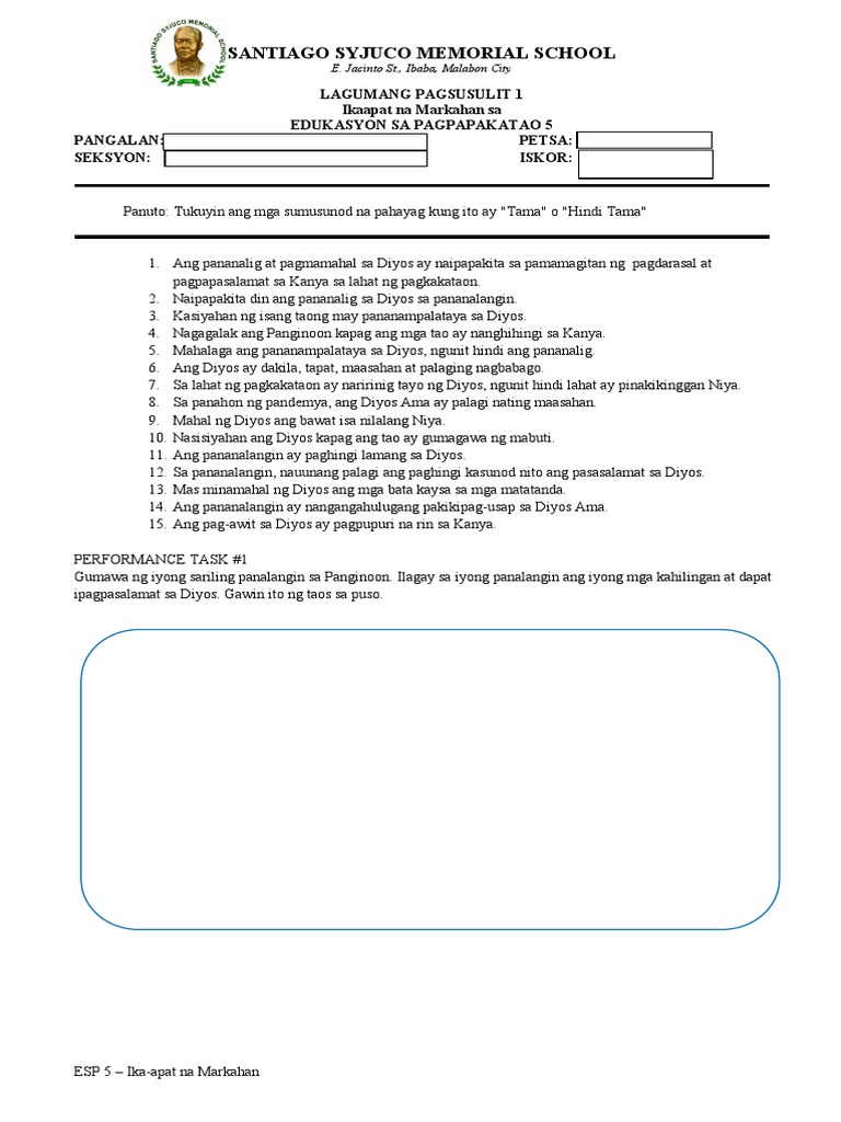 ESP TEST 1 4th Quarter Grade 5 | PDF