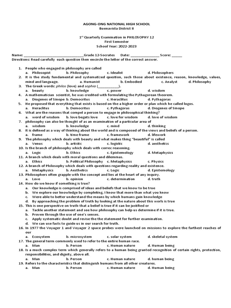 Philosophy 12 Quarterly Exam 2022-2023 | PDF | Epistemology | Argument