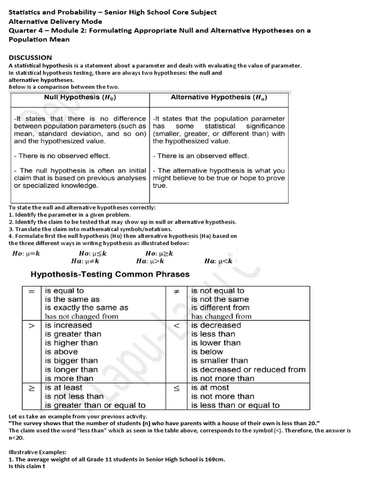 Statistics and Probability Q4_M2_LAS.docx | PDF | Hypothesis | Null ...