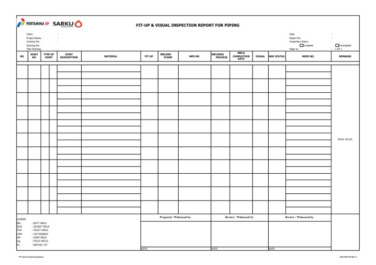 Visual Inspection Report for Piping Fit-Up and Welds Provides Details ...