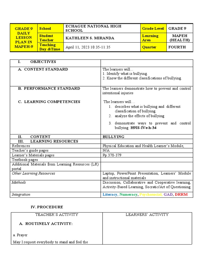 Grade 9 Final Lesson Plan in Mapeh | PDF | Bullying | Cyberbullying