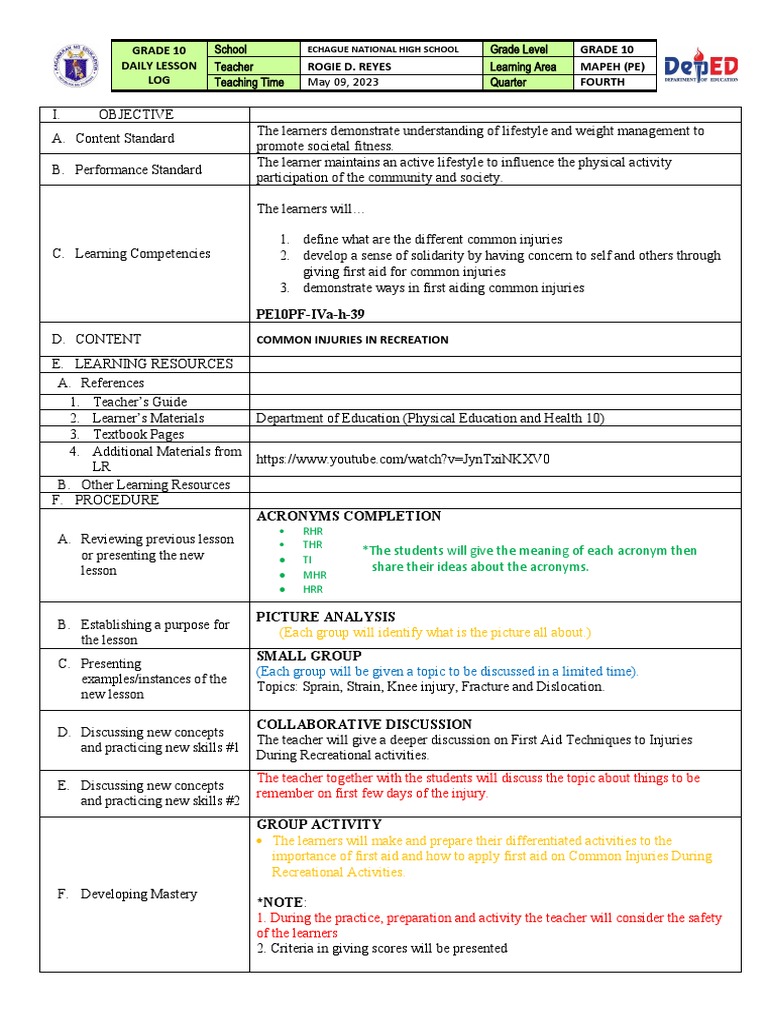 Mapeh 10 Sample DLL | PDF | Learning | Teachers