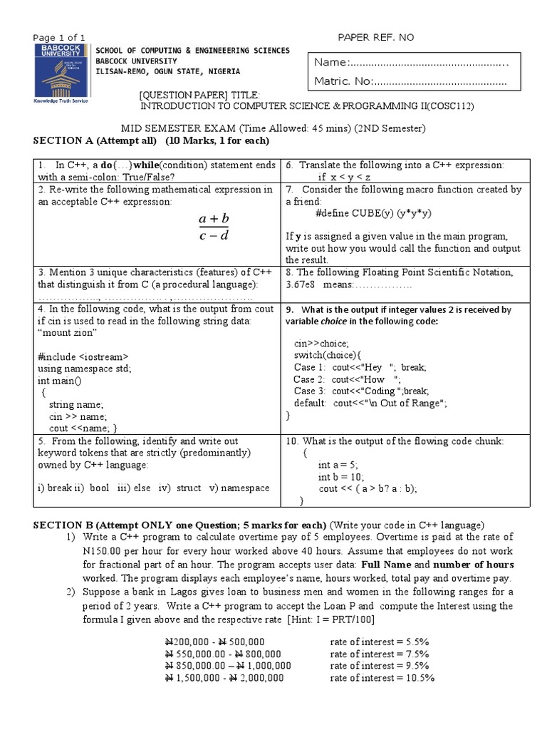 Mid Semester Exam: Introduction to Computer Science & Programming II | PDF | Overtime | Interest