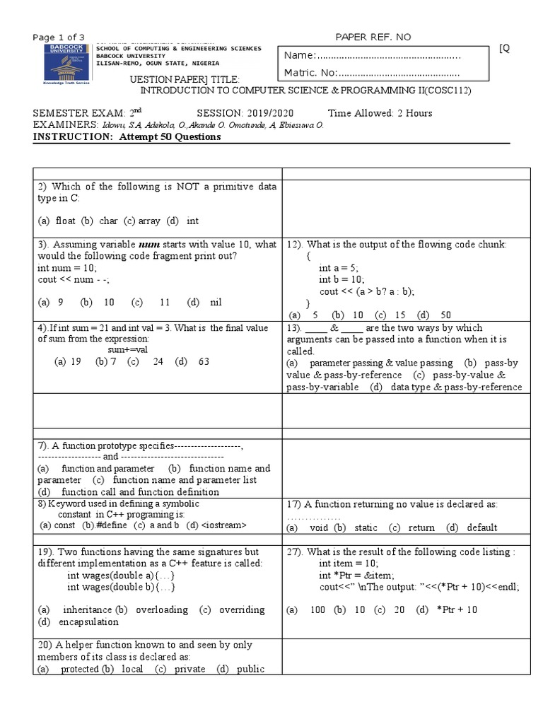 Cosc 112 Final MCQ | PDF | Parameter (Computer Programming) | Systems Engineering