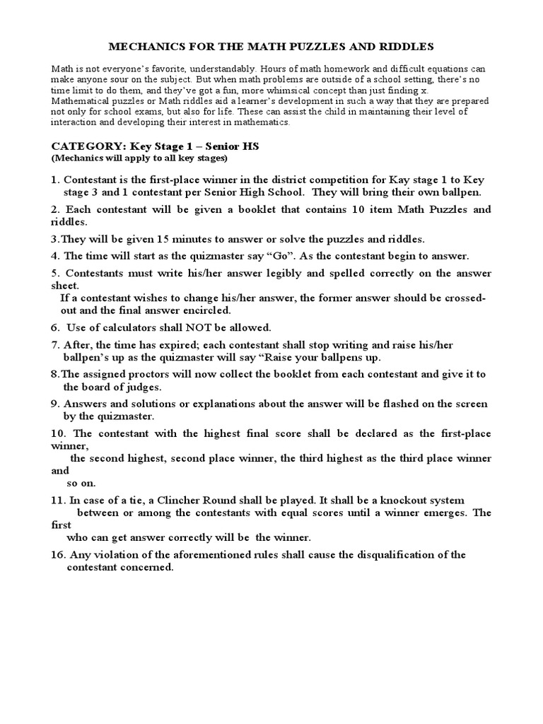 Math Riddles and Puzzles Contest Mechanics | PDF