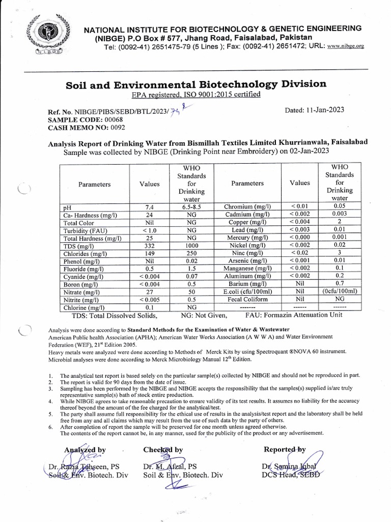Drinking Water Analysis Report - NIBGE | PDF | Chemistry ...