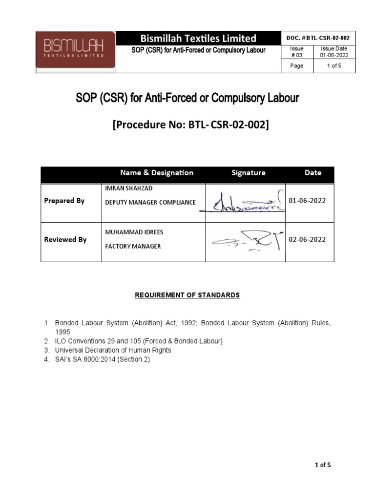 SOP (CSR) for Anti-Forced or Compulsory Labour Policy & Procedure | PDF ...