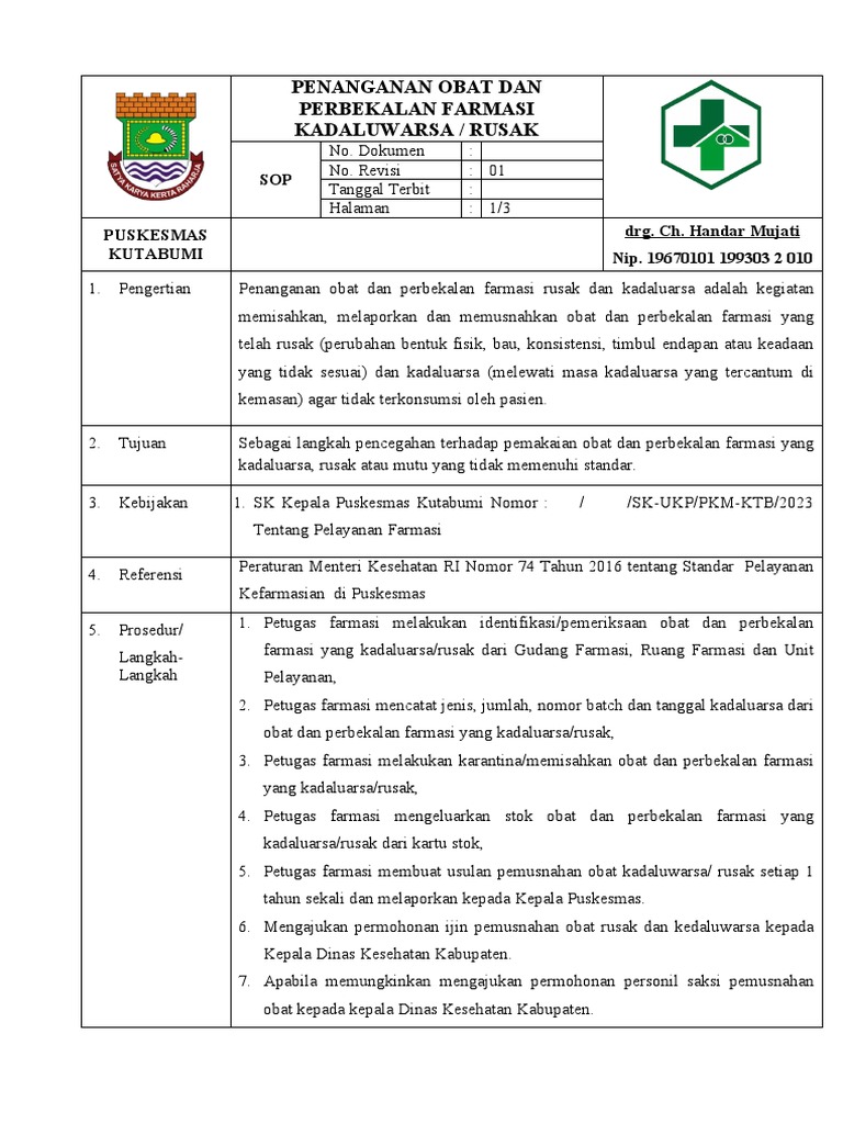 SOP Penanganan Obat Rusak Dan Kadaluarsa | PDF