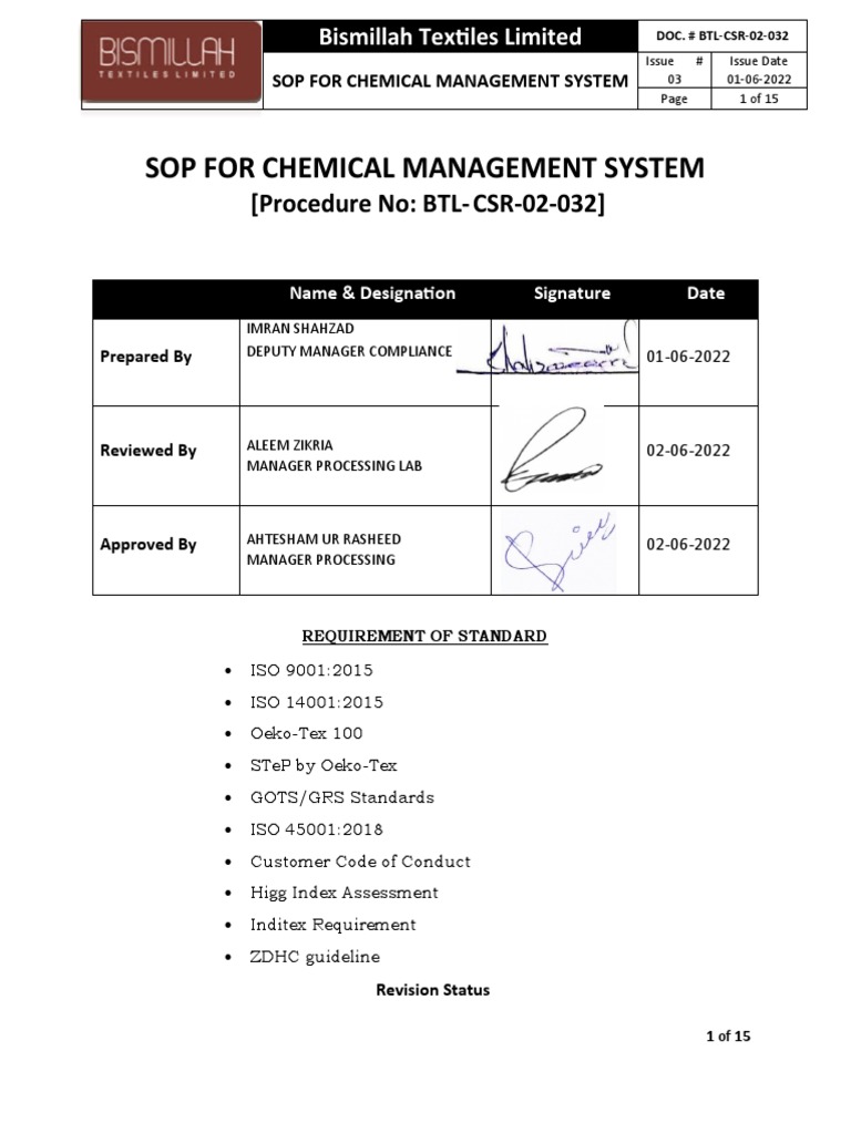SOP For Chemical Managerment System | PDF | Dangerous Goods | Chemical ...