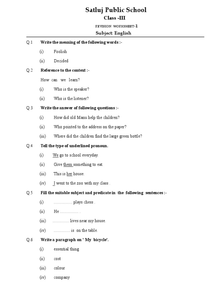 Satluj Public School: Class - III | PDF