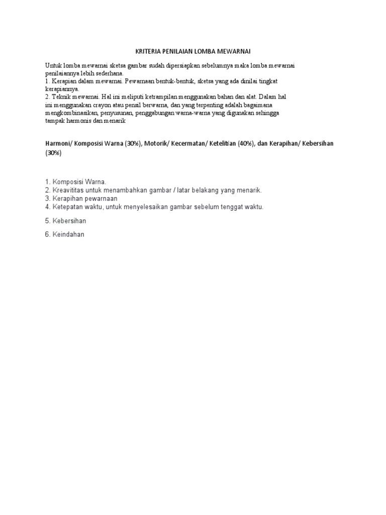 Kriteria Penilaian Lomba Mewarnai | PDF Kriteria Penilaian Lomba Mewarnai | PDF