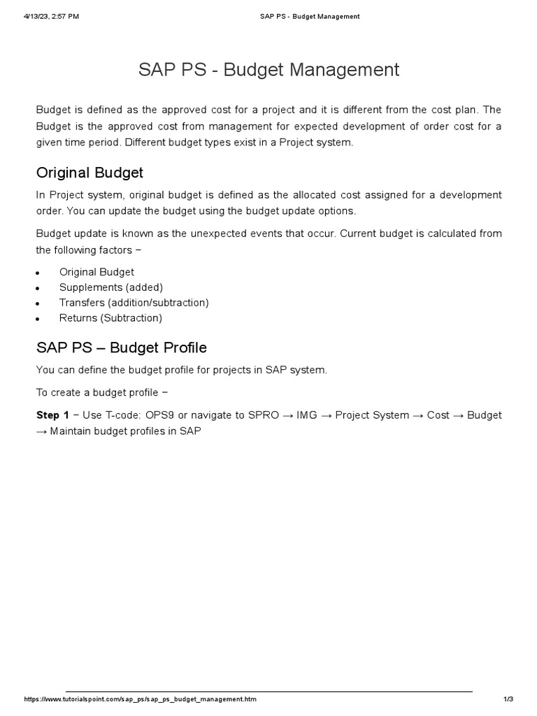 SAP PS - Budget Management 19 | PDF