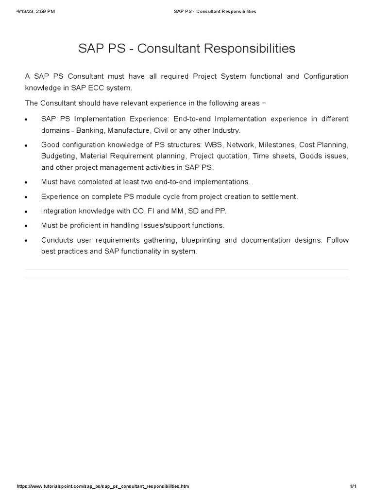 SAP PS Consultant Role Overview | PDF