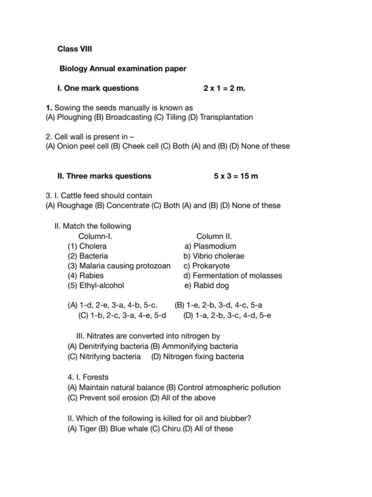 Class 8th Bio Annual Exam Question Paper | PDF