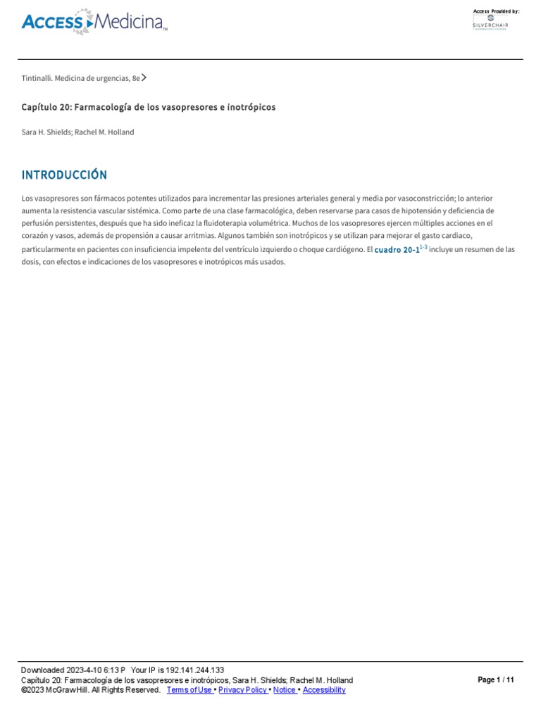 Capítulo 20 - Farmacología de Los Vasopresores e Inotrópicos | PDF ...