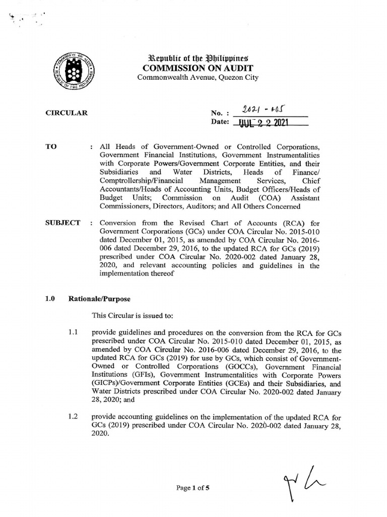 COA Circular No. 2021-005 - Conversion To The Updated RCA Prescribed ... COA Circular No. 2021-005 - Conversion To The Updated RCA Prescribed ...